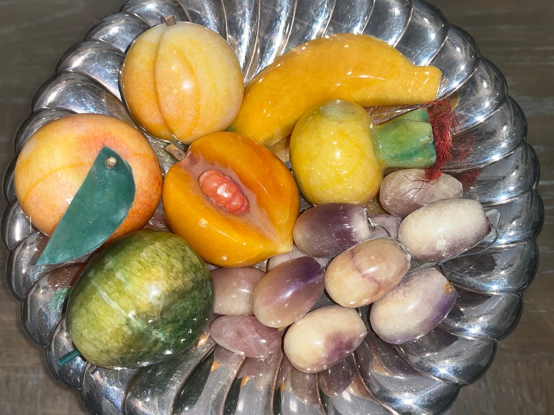 7 Pc Artisan Marble Fruit, Peaches, Green Pear, Apple, Grapes, Banana ...