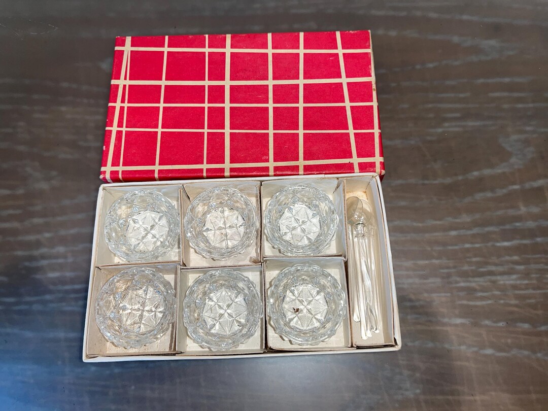 Set of 6 Vintage Salt Cellars With Scoops, Round Glass Salt Dips, Glass ...