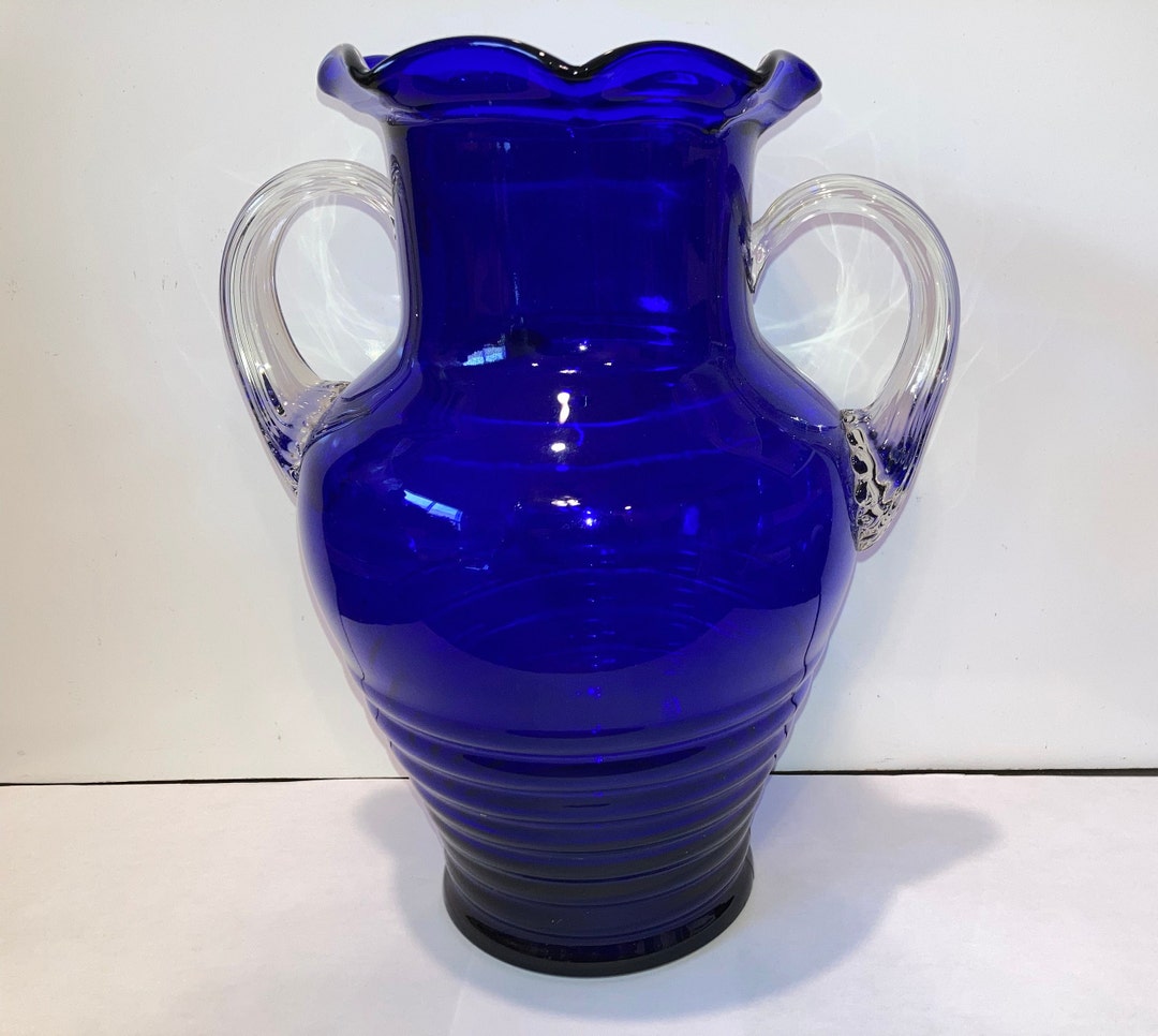 Vintage Fenton Large Cobalt Vase, Fenton 10" Beehive Vase, Fenton Cobalt Blue Clear Handles Vase ...