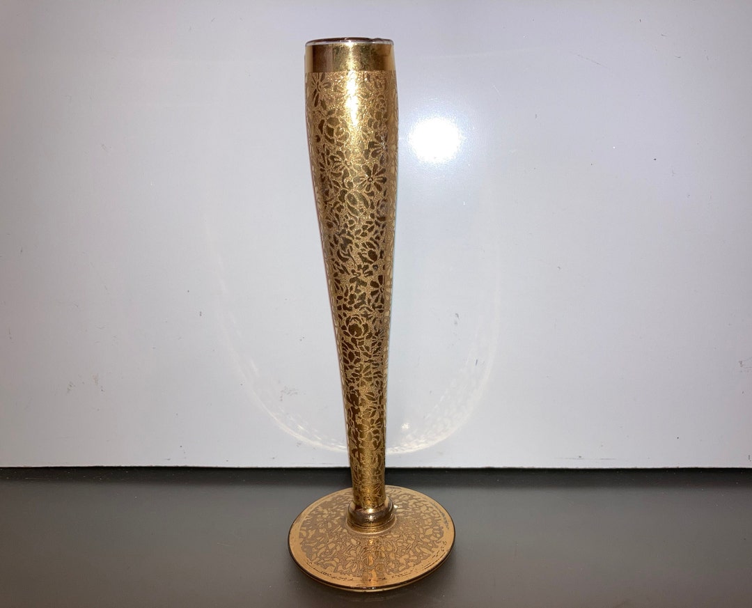 Vintage Ransgil Crystal 6" Bud Vase With Gold Floral Overlay, Signed 6 ...