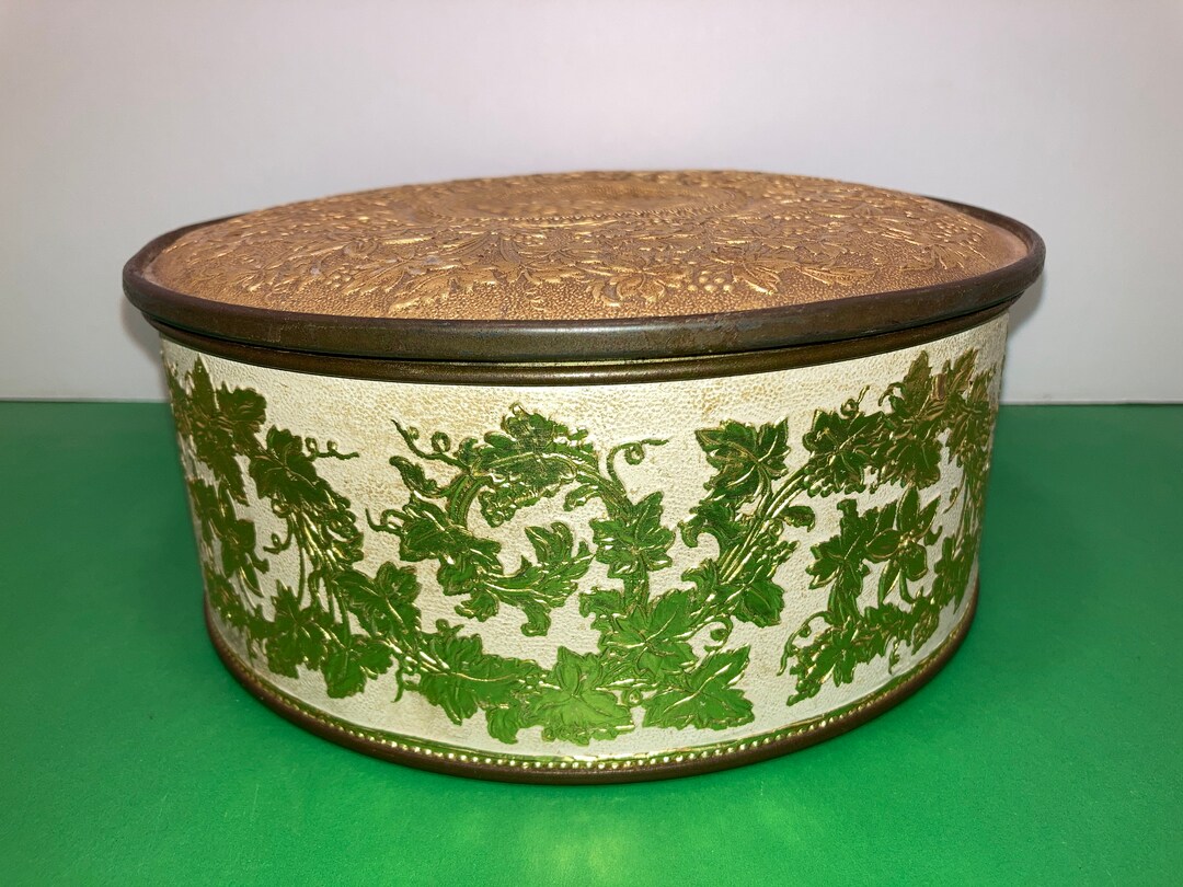 Antique Gold Embossed Round Tin, Vintage Biscuit Tin Gold Embossed ...