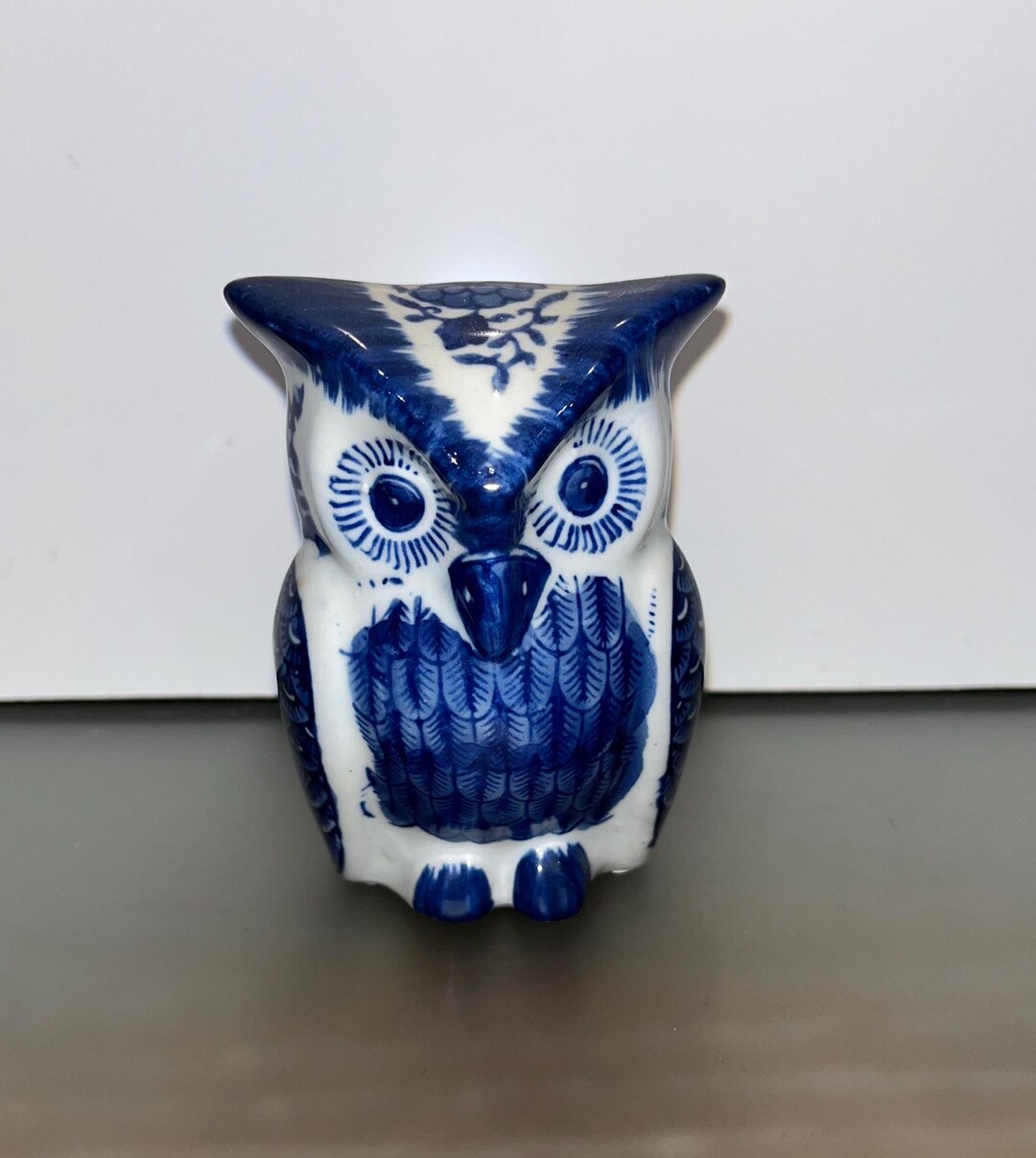 Vintage Ceramic Owl, Blue and White Ceramic Owl, 4" Owl Figure, Vintage ...