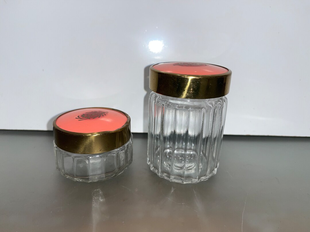 Pair of Vintage Encased Coral Pink Vanity Jars, 1940 Pink Lidded Powder ...