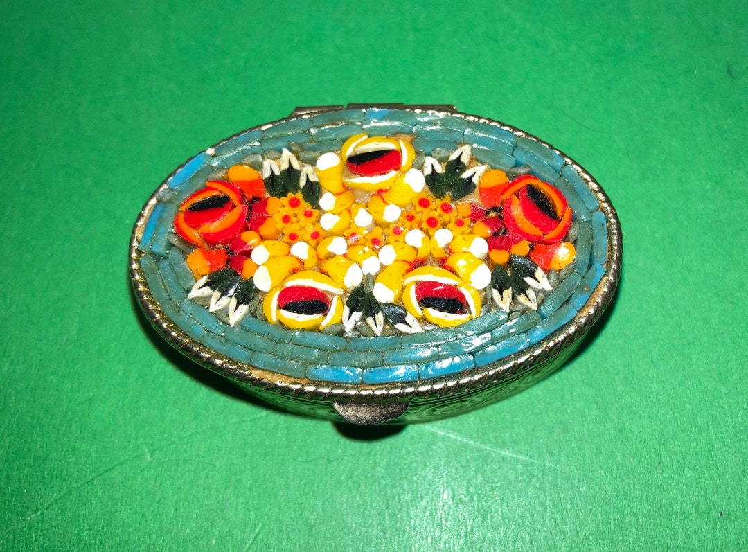 Mid Century Micro Mosaic Box, Italian Embossed Gold Tone Mosaic Trinket ...