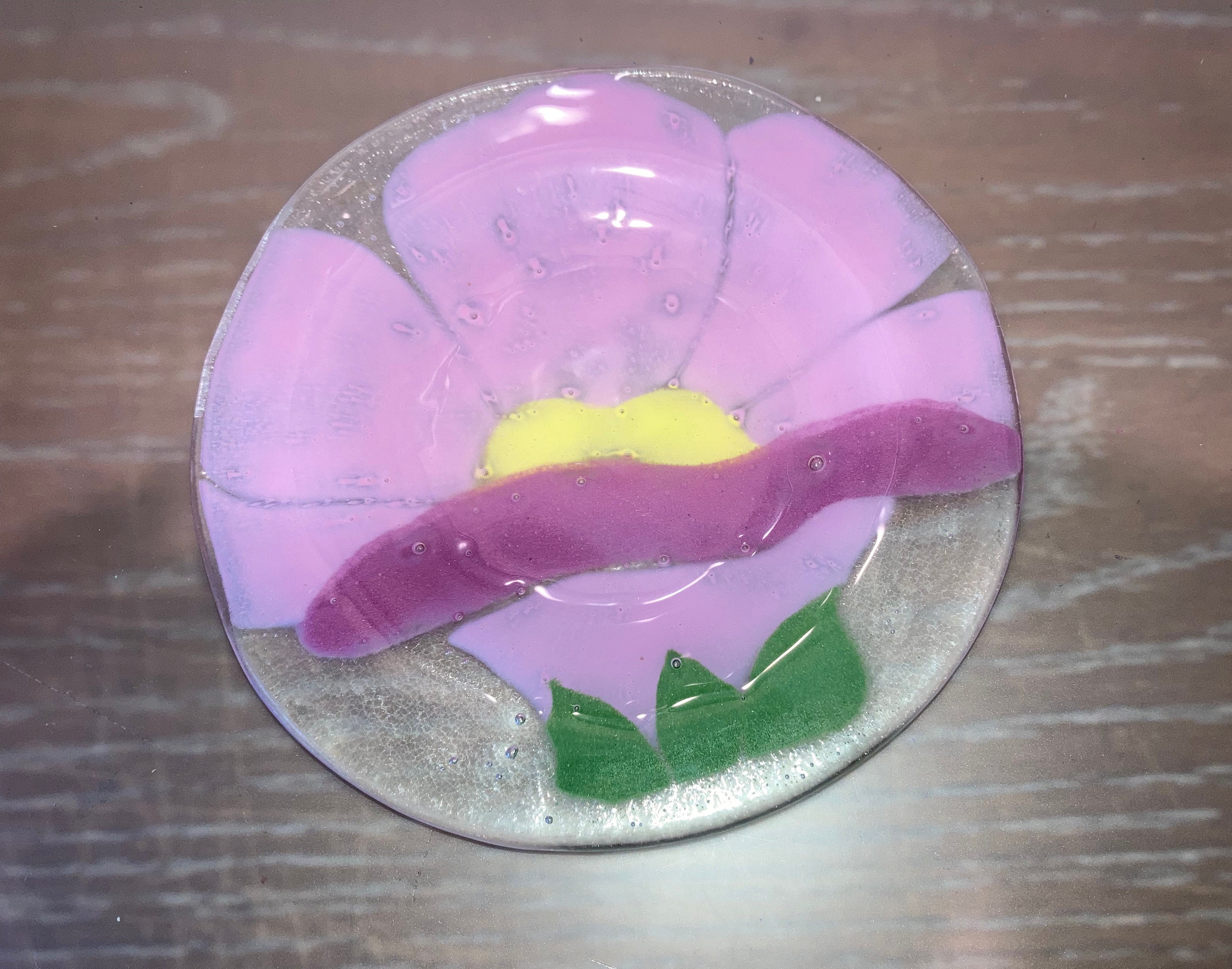 Signed Travis Fused Glass Plate, Pansy Fused Glass Bread Plate, Travis ...