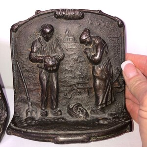 Pair of Antique Bronze Praying Farmers Bookends, Farmers Angelus Prayer ...