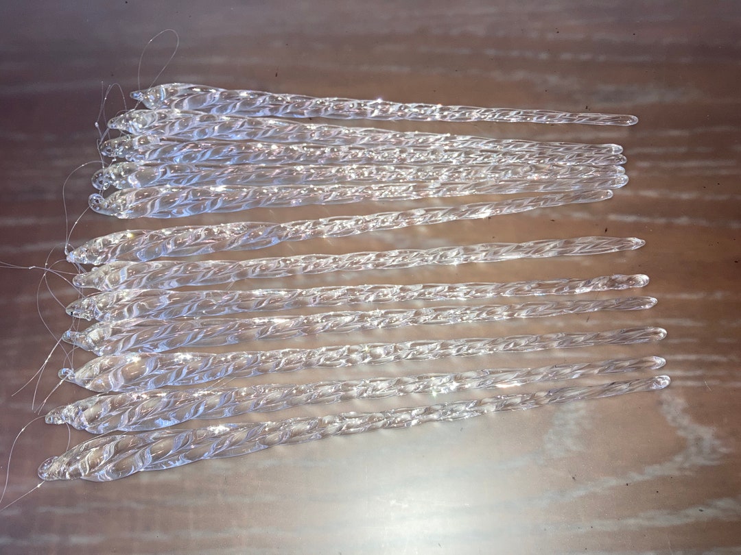 12 Glass Icicle 10" Ornaments, Handcrafted Twisted Glass Icicles ...