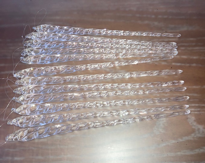12 Glass Icicle 10" Ornaments, Handcrafted Twisted Glass Icicles ...