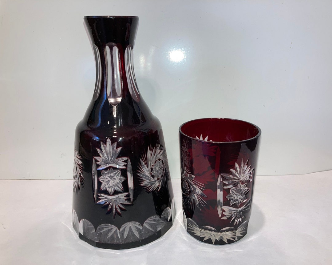 Vintage Bohemian Red Stars Carafe and Tumbler, Bohemian Cut to Clear ...