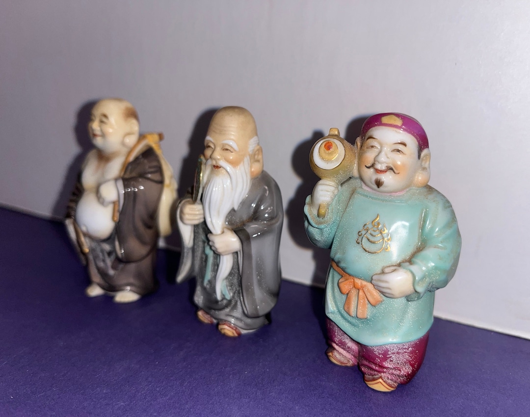 3 Japan Lucky Gods Porcelain Figures, 2 1/2" Japanese Lucky God Figures ...
