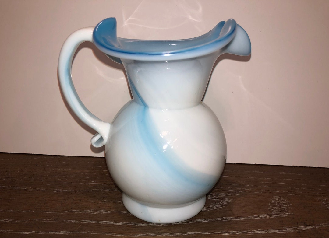 Vintage Fenton Slag Glass Pitcher, Blue White Glass Pitcher, Fenton ...