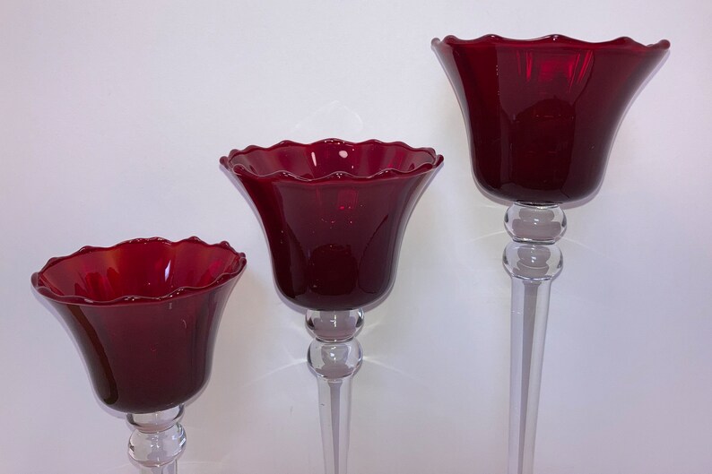 3 Vintage Ruby Glass Graduated Candlesticks Ruffled Ruby Red - Etsy