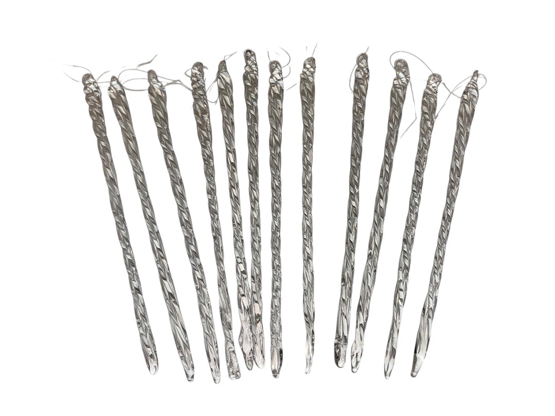 12 Glass Icicle 10" Ornaments, Handcrafted Twisted Glass Icicles ...