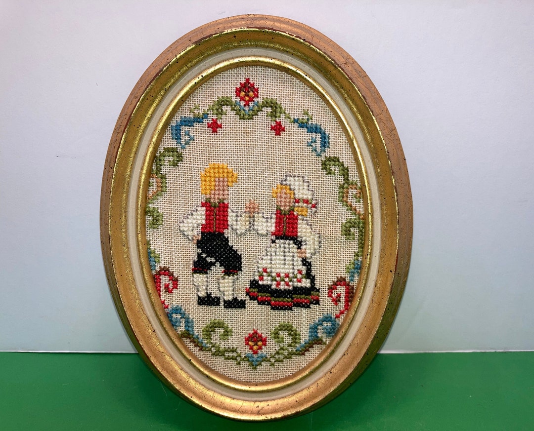 Vintage Dutch Cross Stitch, Gold Framed Oval Cross Stitch, Framed Dutch ...