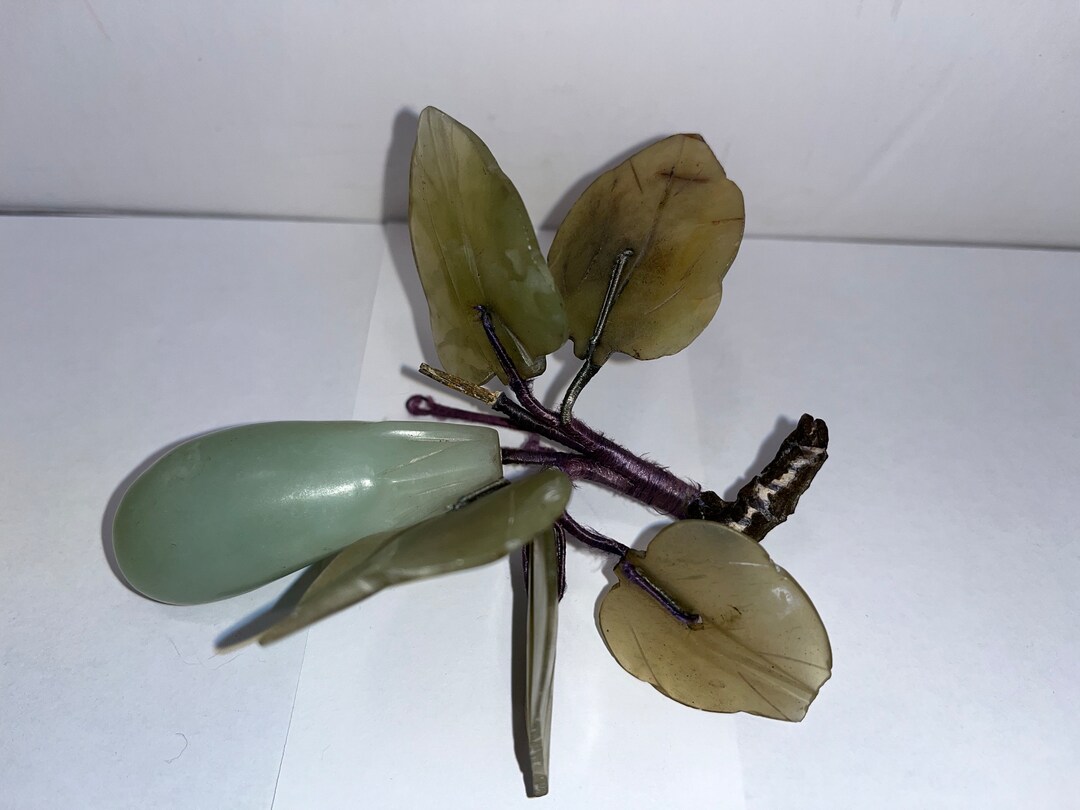 Mid Century Carved Jade Pear, Artisan Made Jade Pear With Leaves ...