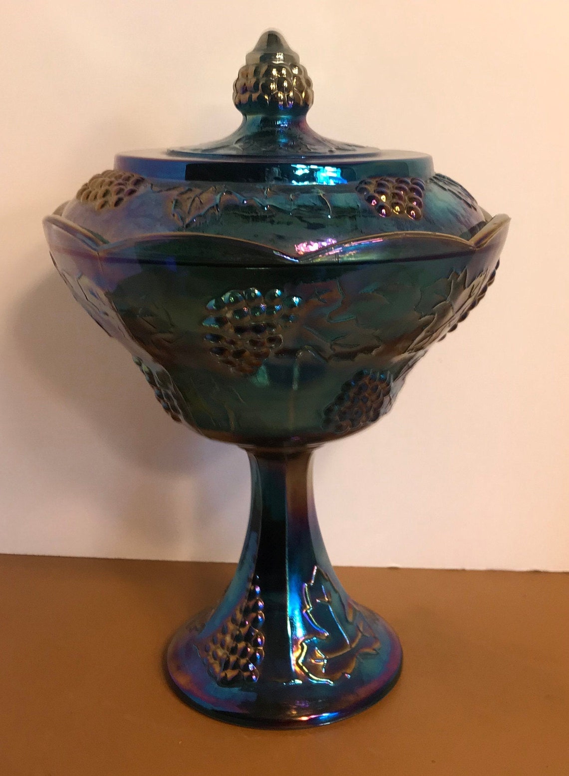 Vintage Indiana Blue Carnival Glass Compote Harvest Grape | Etsy