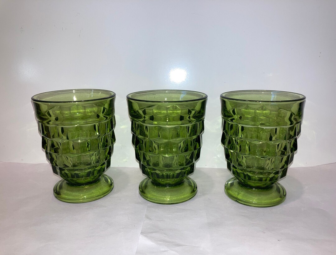 3 Vintage Indiana Whitehall Green Glasses, Whitehall Colony Cubist 4 1/ ...