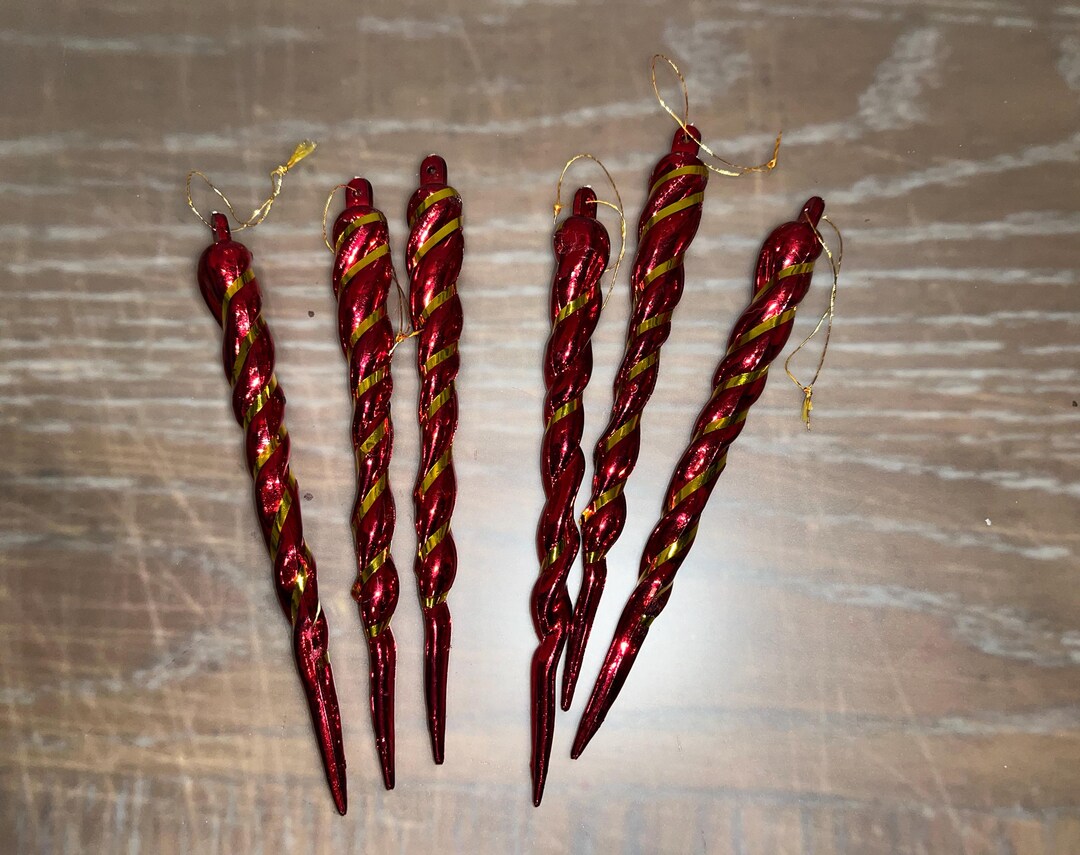 6 Vintage Red Spiral Icicles, Red Gold Tinsel Icicle Ornaments ...