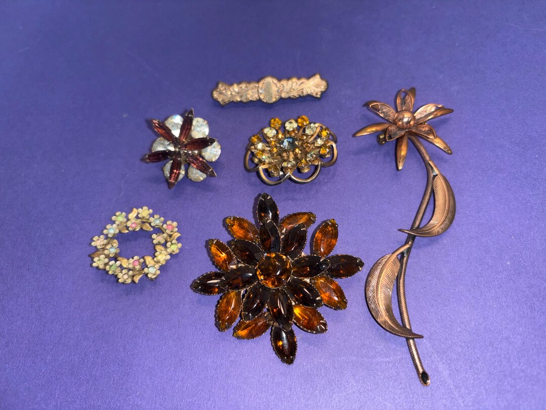 6 Vintage Gold Pin Lot, Copper Floral Pin, Amber Floral Pin, Gold Amber ...