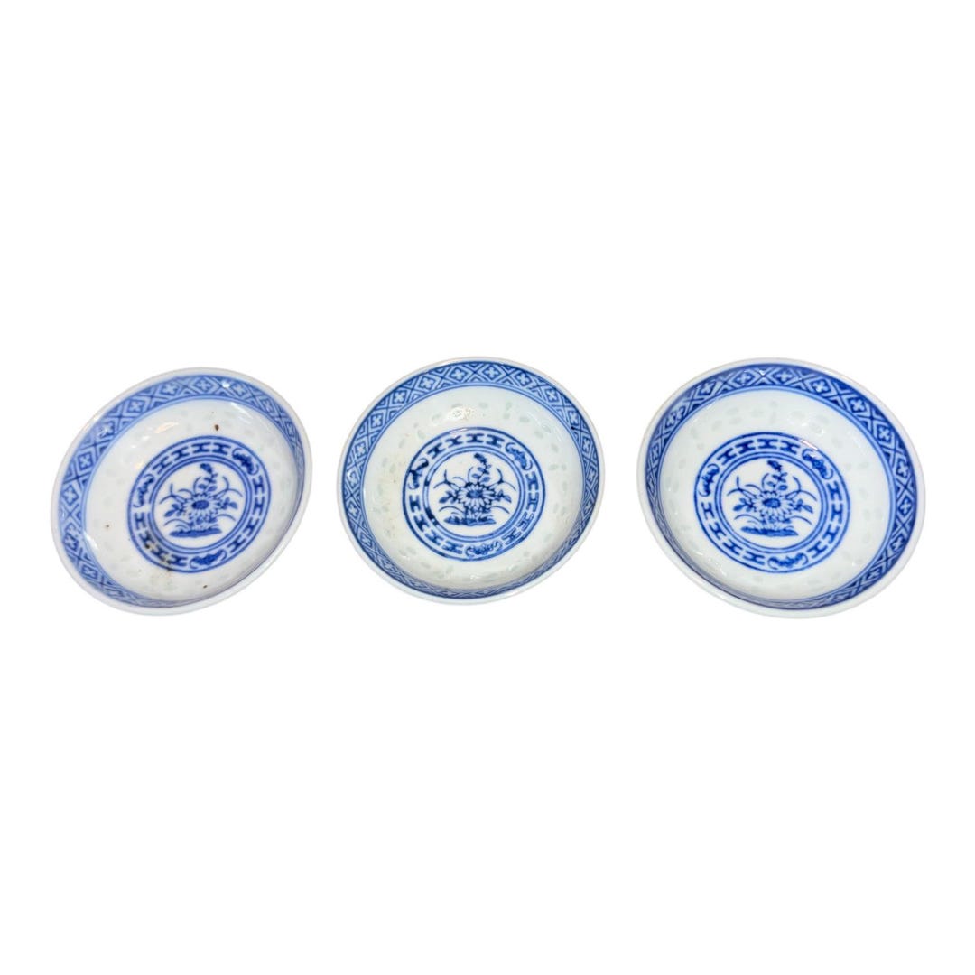 Set of 3 Vintage Ling Long Bowls, Chinese Rice Eyes Bowls, Chinese Blue ...