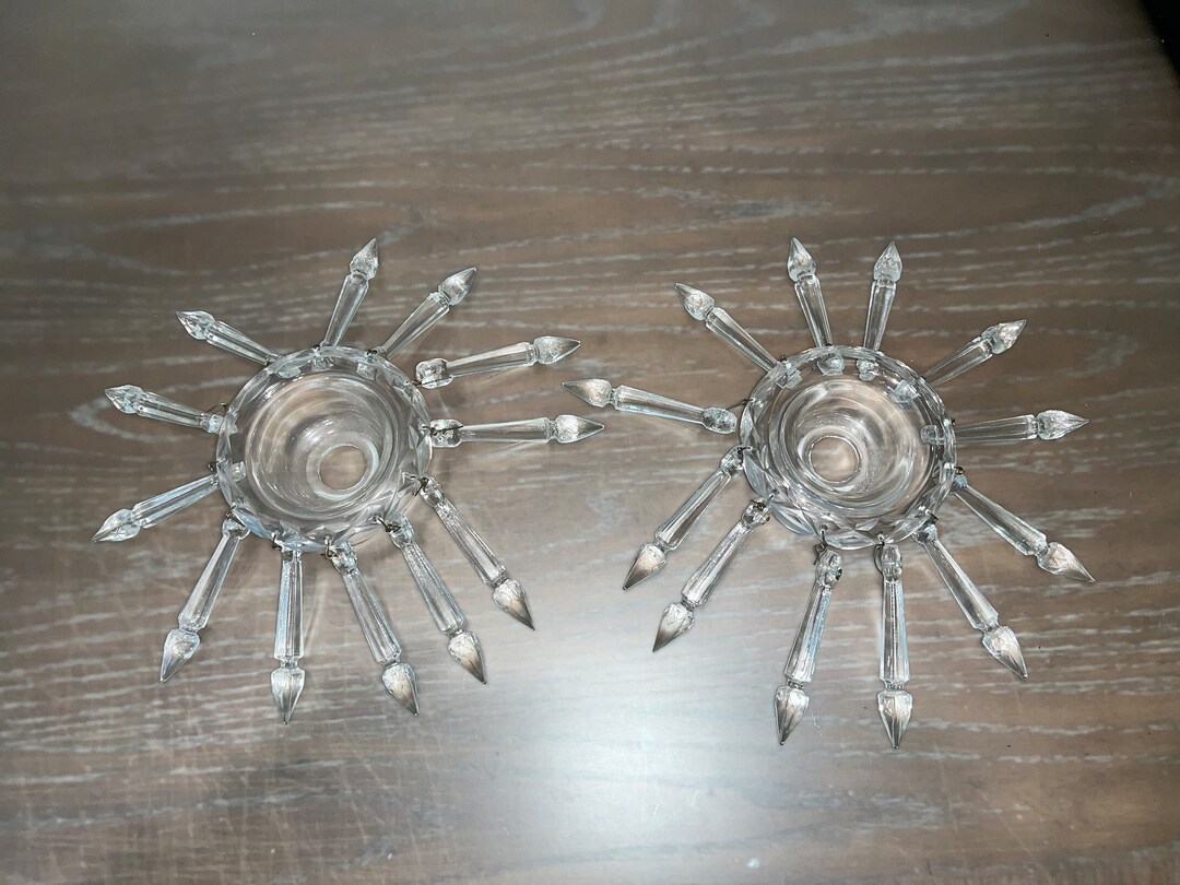 2 Antique Candle Drip Protectors, Vintage 12 Glass 3 1/2 Prism Bobeches ...