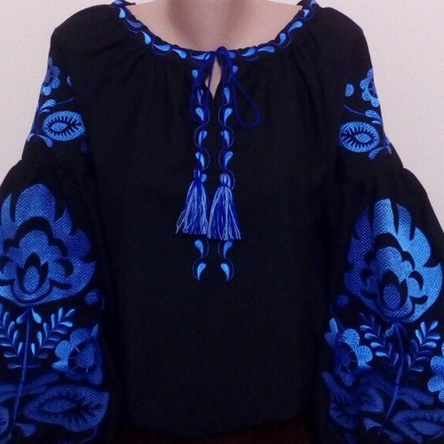 Stylish Embroidered Black Blouse With Navy Blue Embroidery for | Etsy