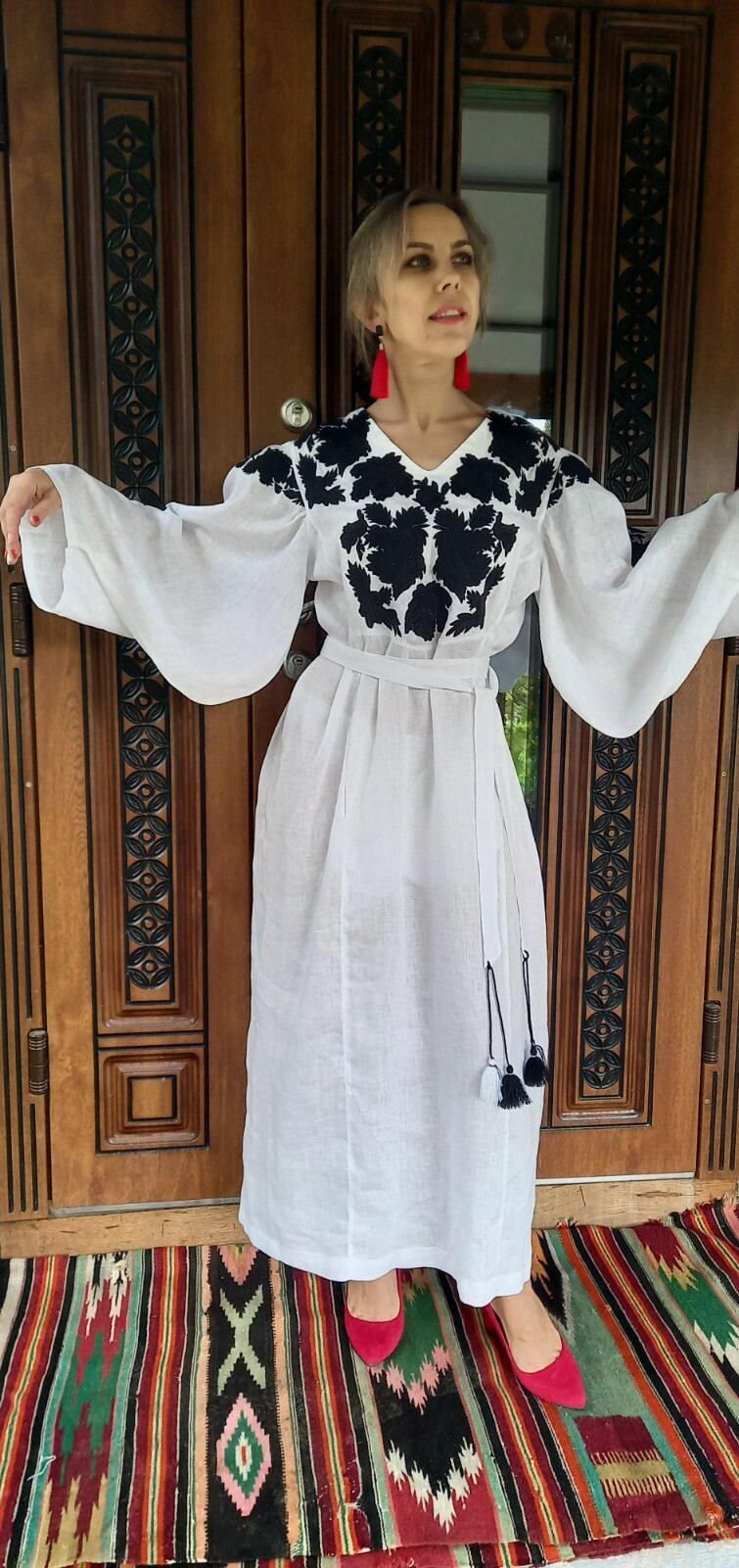 Black Roses Embroidered Dress Natural Linen Boho Dress White | Etsy