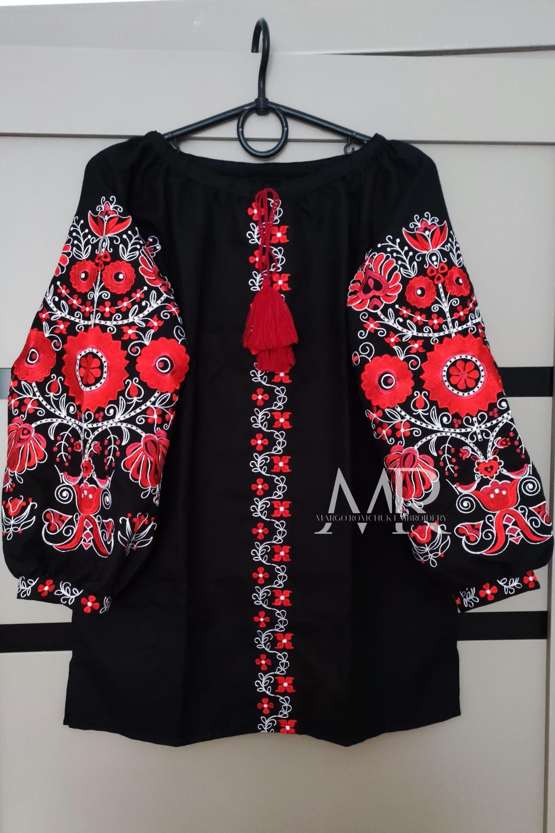 Black Embroidered Blouse, Ethnic Cotton Shirt With Floral Designs ...