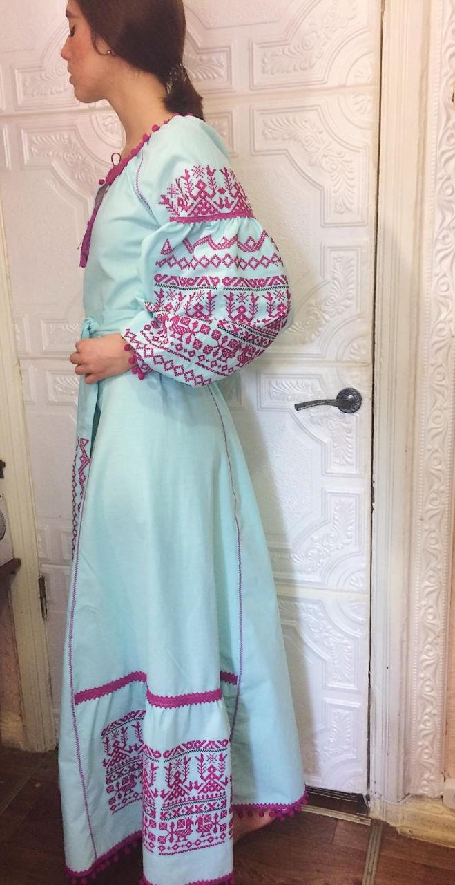 Magic Mint Boho Dress Linen Dress With Red Embroidery | Etsy