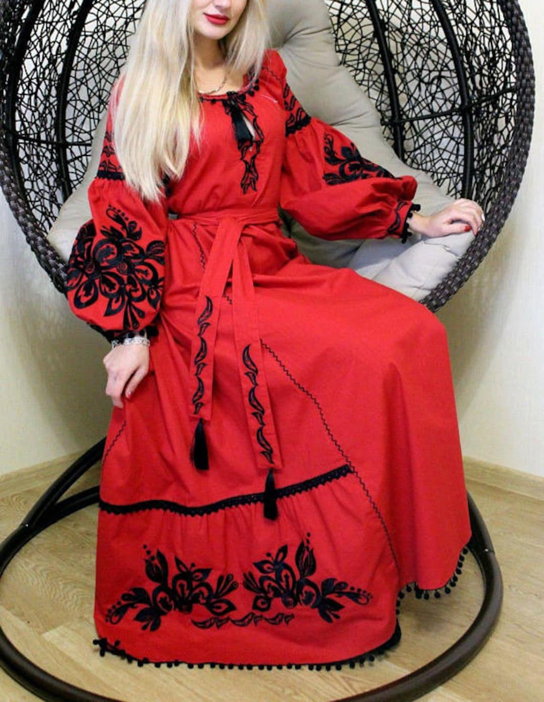 Embroidered Ukrainian Dress Red Linen Dress With Flowers Vyshyvanka ...