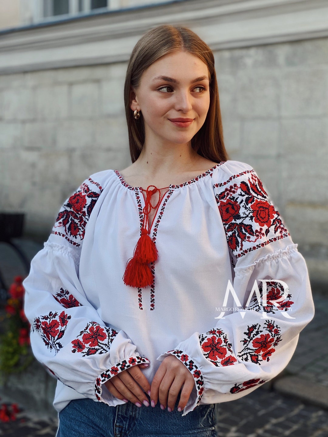 Wonderful Embroidered Blouse Flowered Embroidery Linen Shirt for Women ...