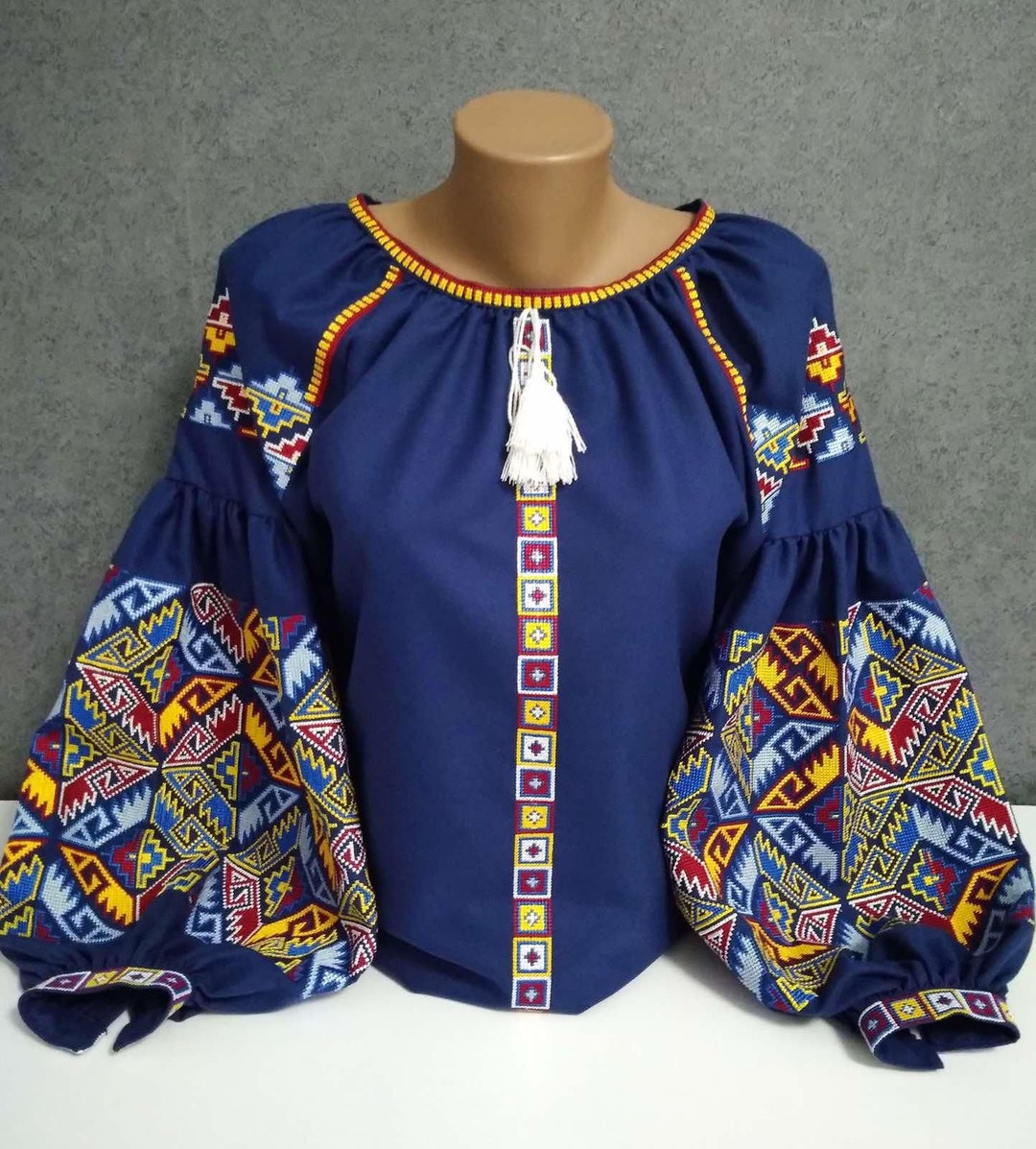Royal Blue Embroidered Blouse Geometric Pattern Blouse Boho Style Puff ...