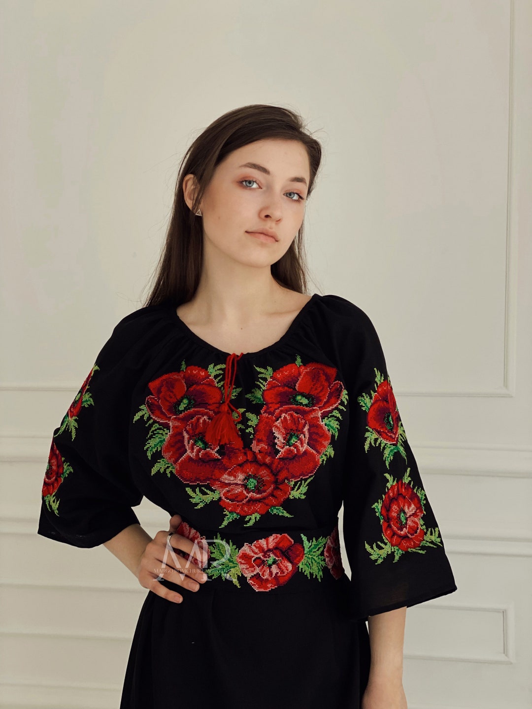 Black Embroidered Dress Poppy Embroidery Casual Linen-cotton Dress for ...