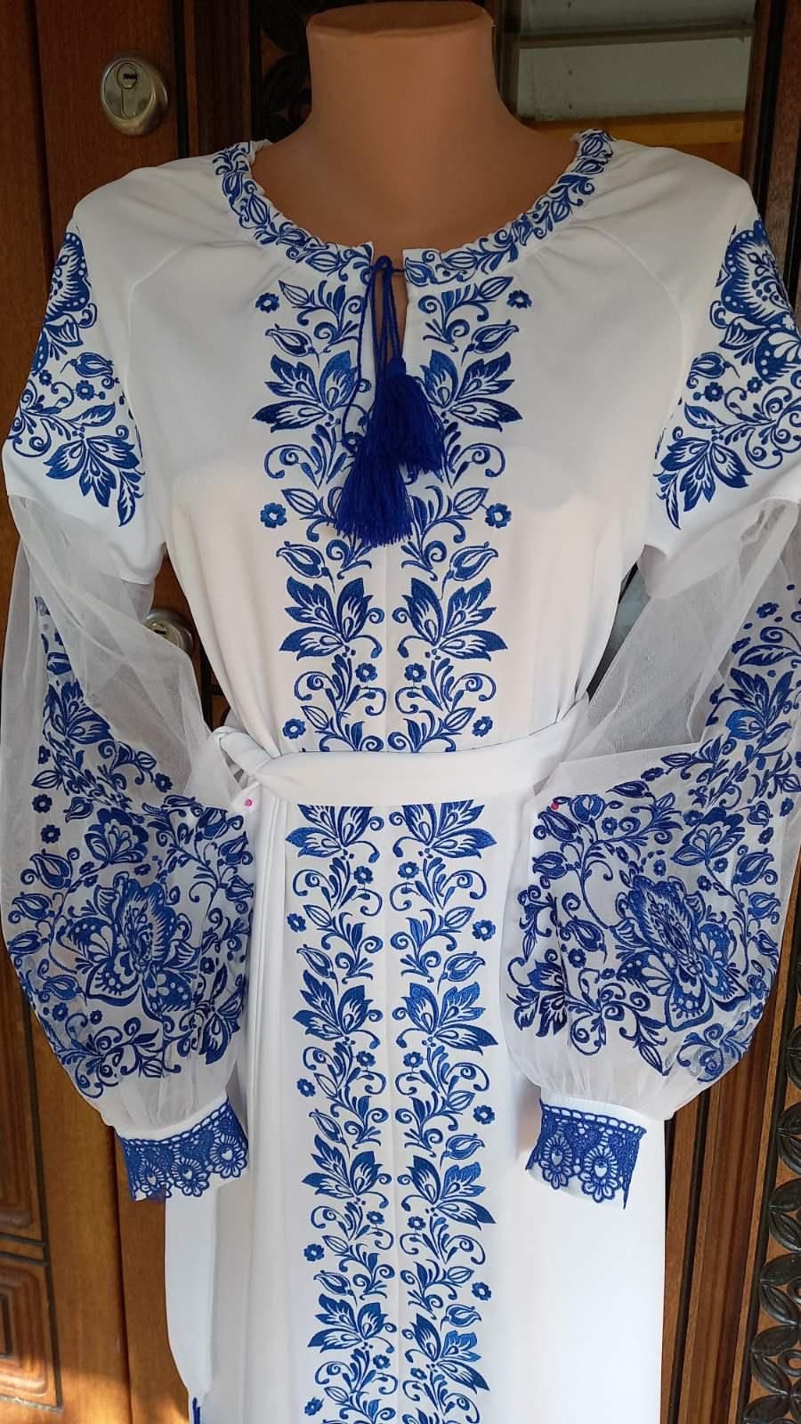 Blue Embroidery Vyshyvanka Dress White Tulle Sleeves Dress - Etsy