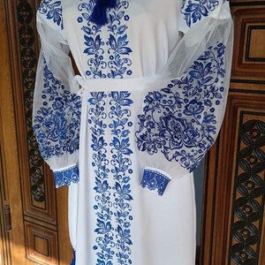 Blue Embroidery Vyshyvanka Dress White Tulle Sleeves Dress With Belt ...