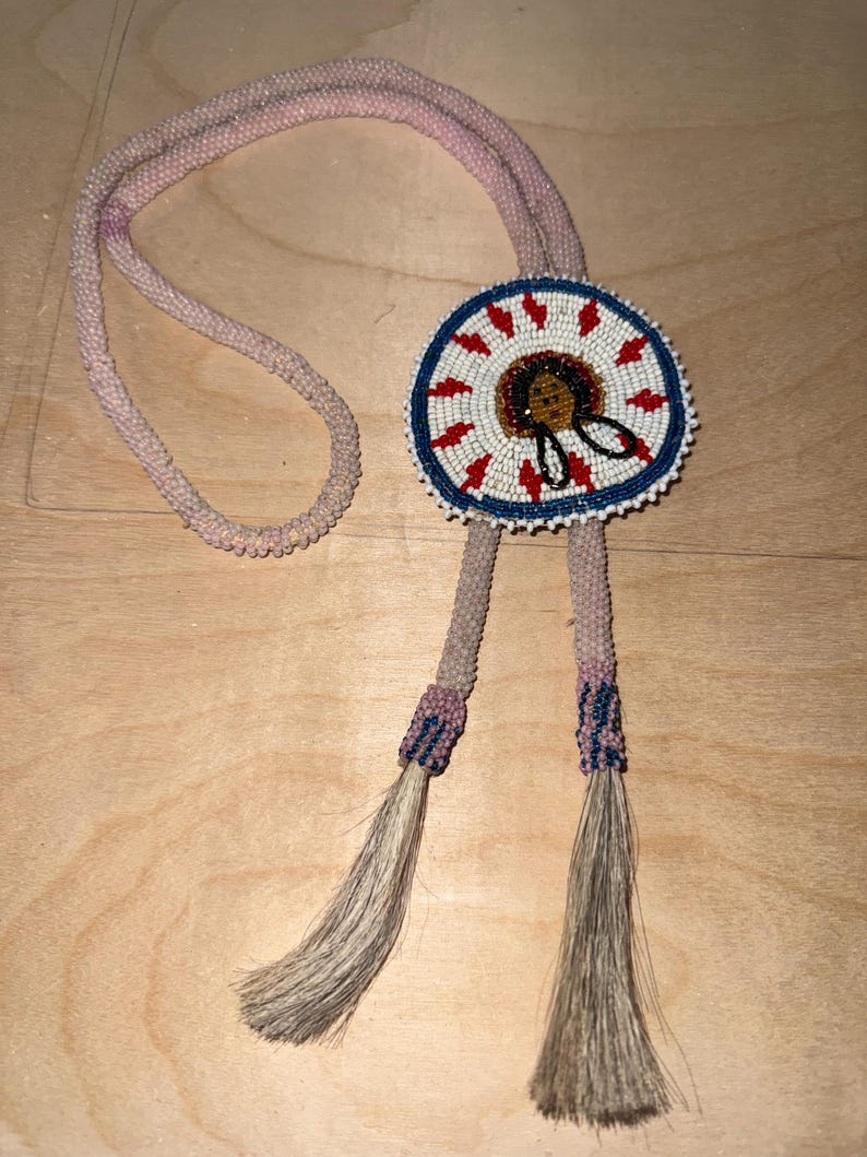 Vintage Beaded Native American Medallion Bolo Tie Navajo Necklace Horse ...