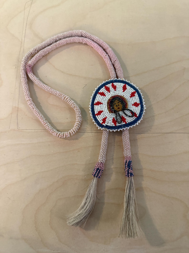 Vintage Beaded Native American Medallion Bolo Tie Navajo Necklace Horse ...