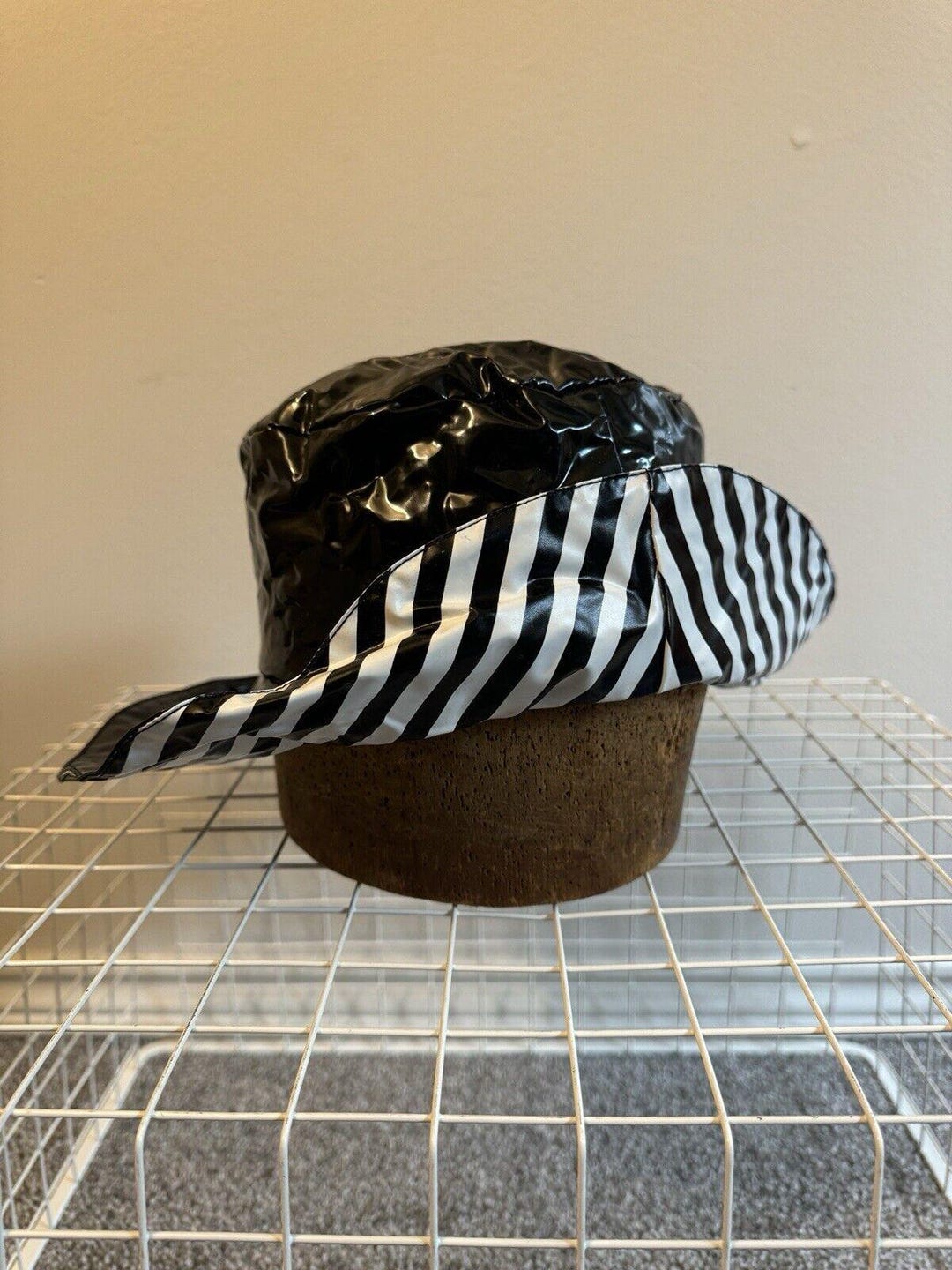 Vintage Rubber Rain Hat Novelty Print Black & White Striped Print ...
