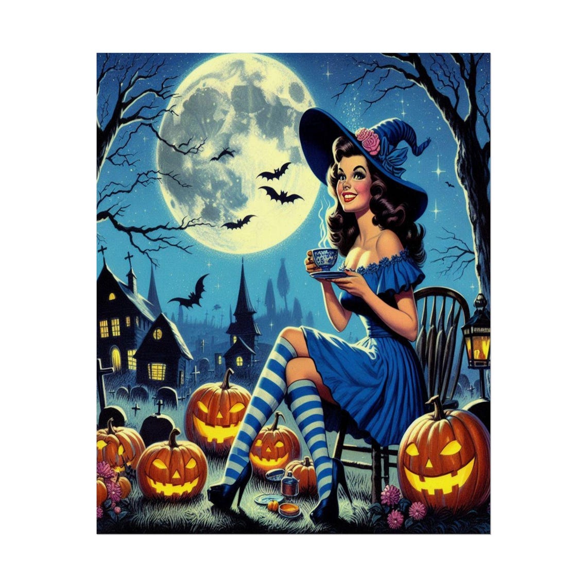 Vintage Style Witch Celebrating the Rare Super Blue Moon, Witch ...
