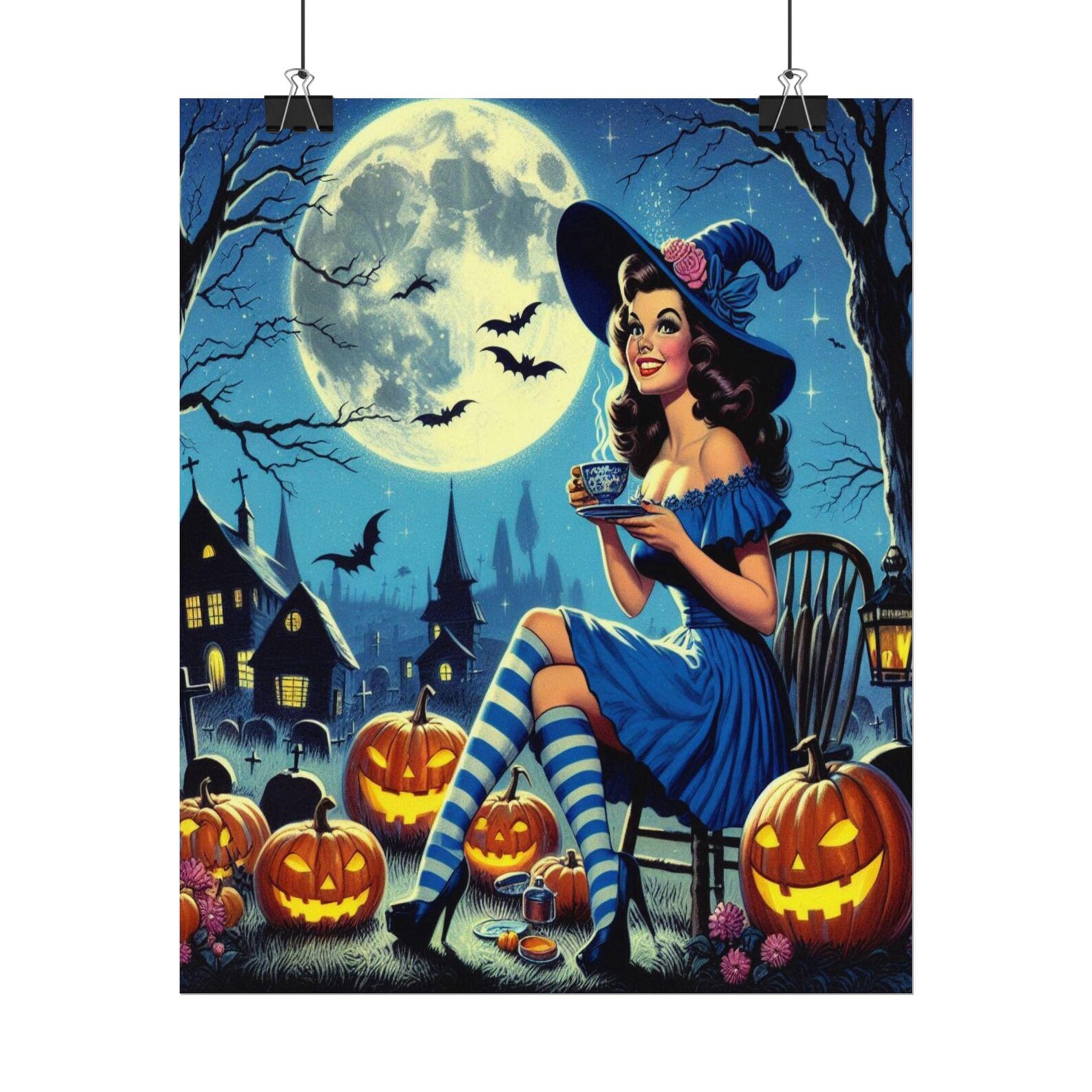 Vintage Style Witch Celebrating the Rare Super Blue Moon, Witch ...
