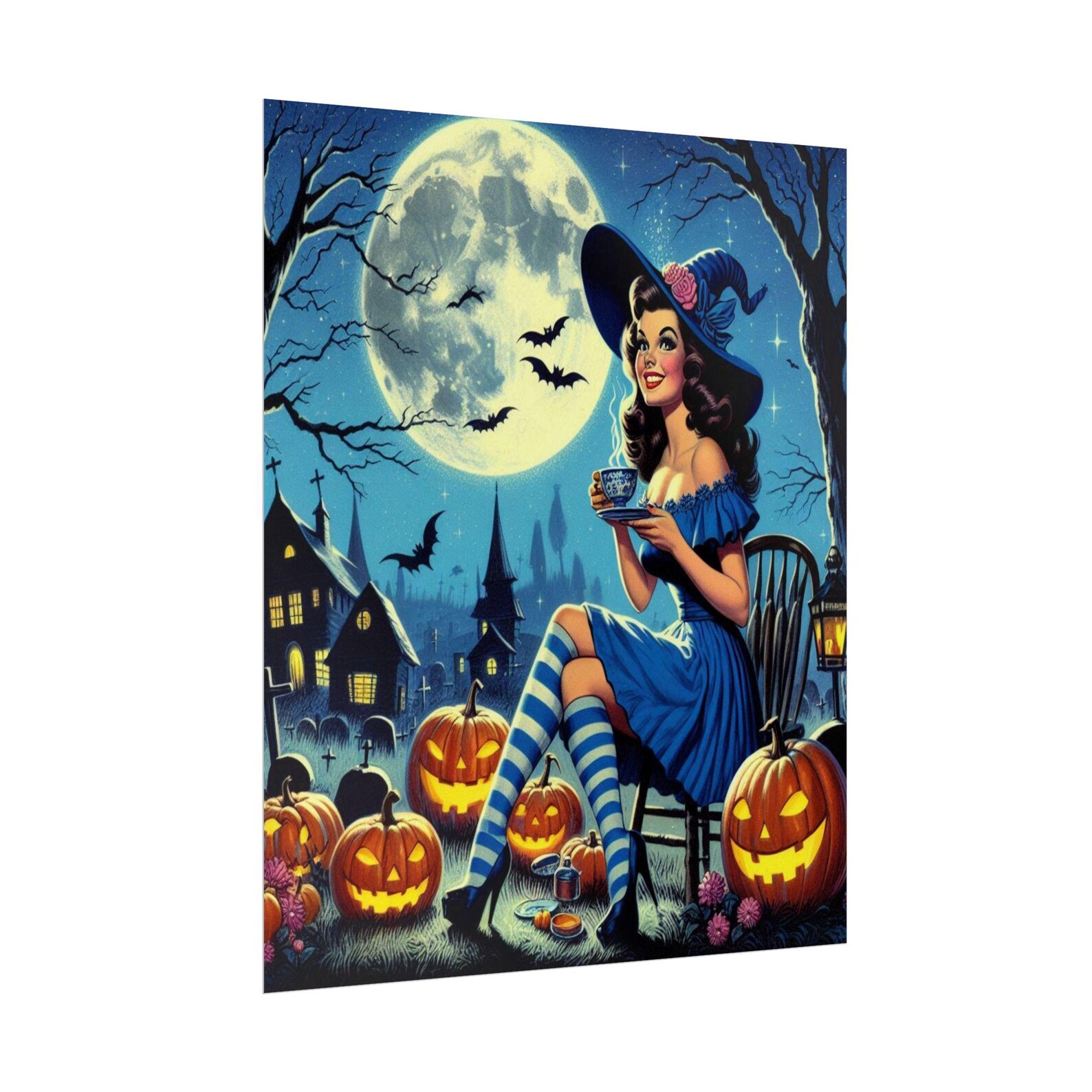 Vintage Style Witch Celebrating the Rare Super Blue Moon, Witch ...