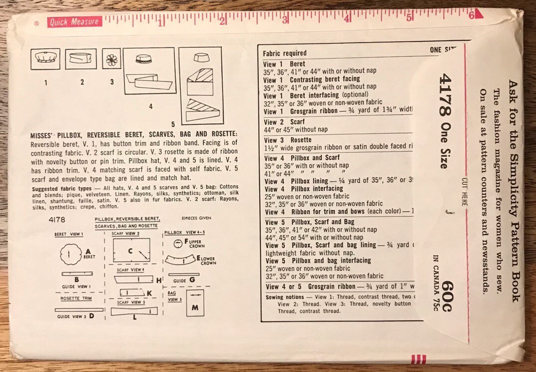 60s Simplicity 4178 Hats and Accessories Pattern - Etsy UK