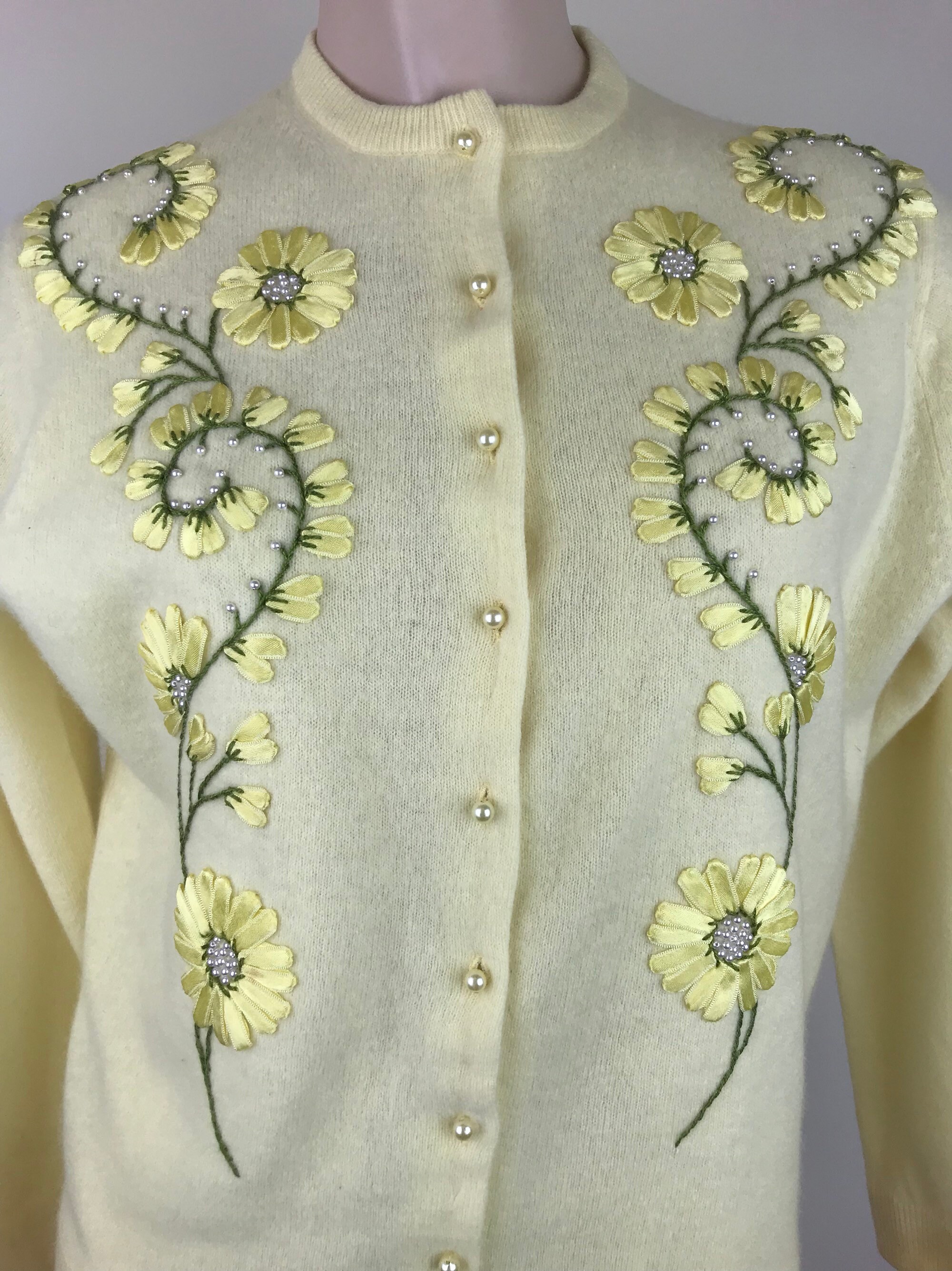Vintage 50s Yellow Pin up Cardigan Sweater With Ribbon Flowers and ...