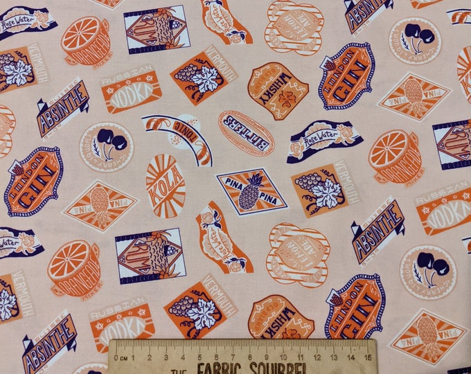 Pink Alcohol Label Fabric - Clink From Figo Fabrics - Pink Gin ...