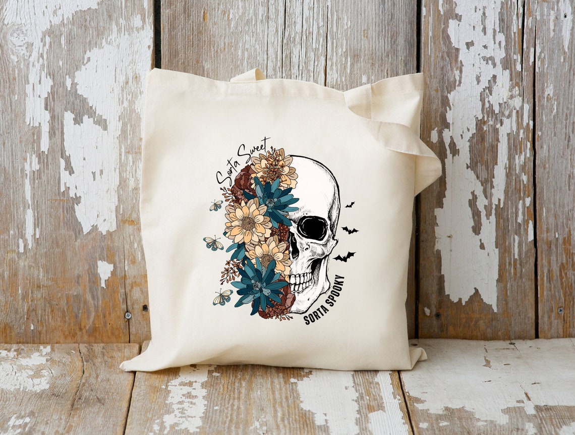 Floral Skull Canvas Tote Bag Skull Halloween Tote Bag Cute - Etsy