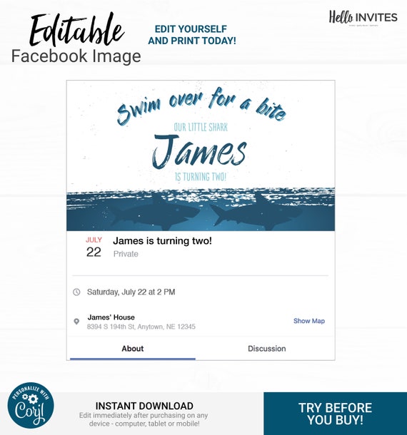 Shark Facebook Event Birthday Invitation - Instant Access Edit Now ...