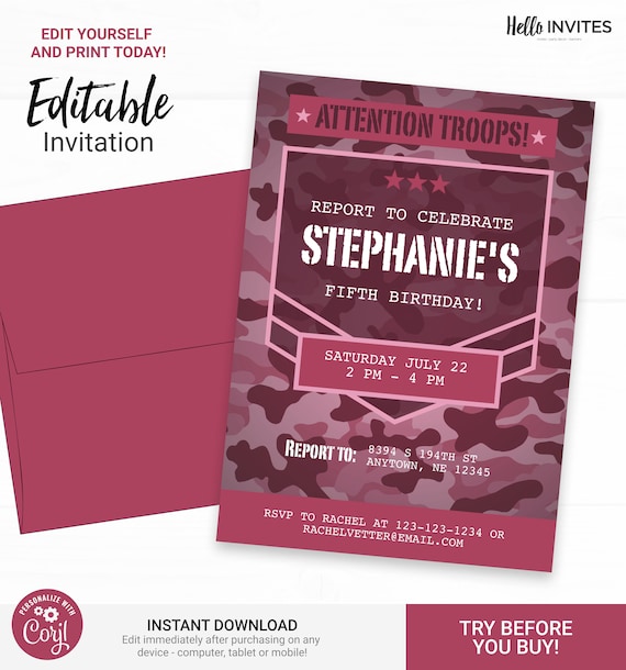Camo Pink Birthday Invitation - Instant Access Edit Now - Military Army Camouflage Invite ...