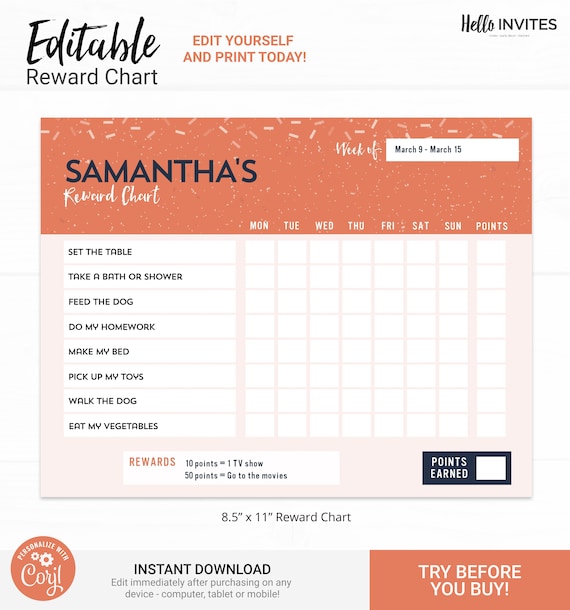 Confetti Editable Reward Chart - Instant Access Edit Now - Celebrate ...