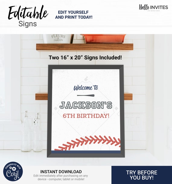 Baseball Custom Party Sign Birthday Decorations - Instant Access Edit ...