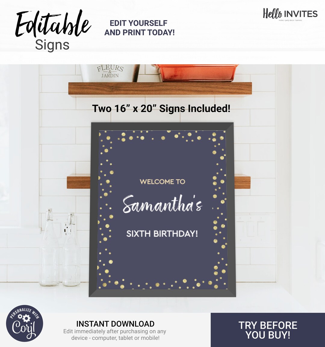 Glam Custom Party Sign Decoraciones de cumpleaños Instant Access Edit ...